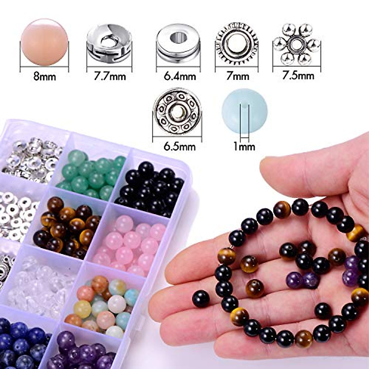 300Pcs Gemstone Round Loose Beads Wholesale Natural Stone Beads with Spacer Beads and Elastic String for Bracelets Jewelry Making