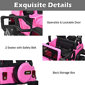 HONEY JOY 2 Seat Ride On Truck, 12V Off-Road Ride On Car with Remote Control, Slow Start, Spring Suspension, LED Lights, Music, 3 Speeds, Battery Powered Electric Vehicle for Two Kids(Pink)