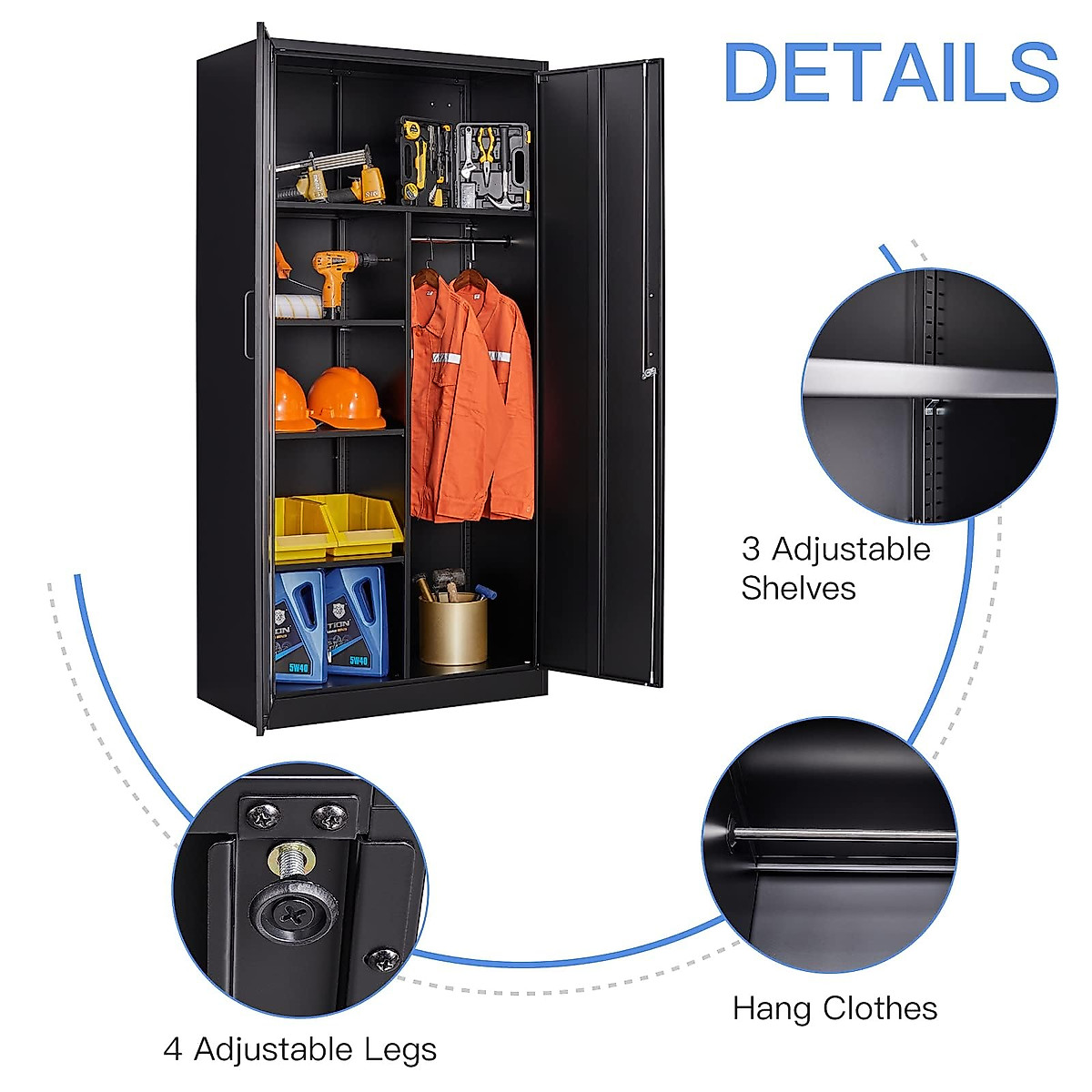 Yizosh Metal Armoire Wardrobe Closet Cabinet for Hanging Clothes with Lock Doors, -72" Steel Lockable Wardrobe Storage Locker Clothes Organizer for Bedroom, Laundry Room (Black)