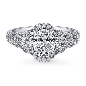 BERRICLE Sterling Silver 3-Stone Wedding Engagement Rings Oval Cut Cubic Zirconia CZ Halo Split Shank Ring for Women, Rhodium Plated Size 7