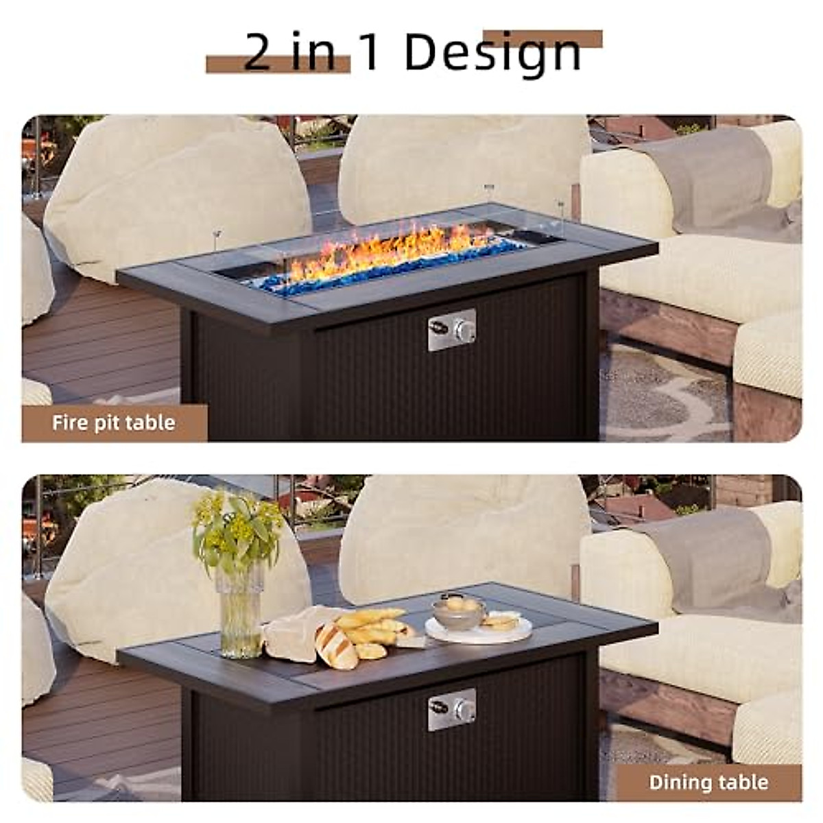 Shintenchi 45 Inch Propane Fire Pit Table with Glass Window Protector, Outdoor 50,000 BTU Steel Gas Fire Pit with Lid, Glass Crystal Stone, Waterproof Cover and Rattan Pattern for Patio, Yard, Party