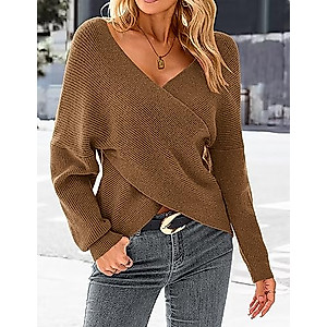 KIRUNDO 2023 Fall Winter Women's Long Sleeve Cross Wrap V Neck Knit Sweater Off Shoulder Backless Casual Pullover Tops(Camel, Small)