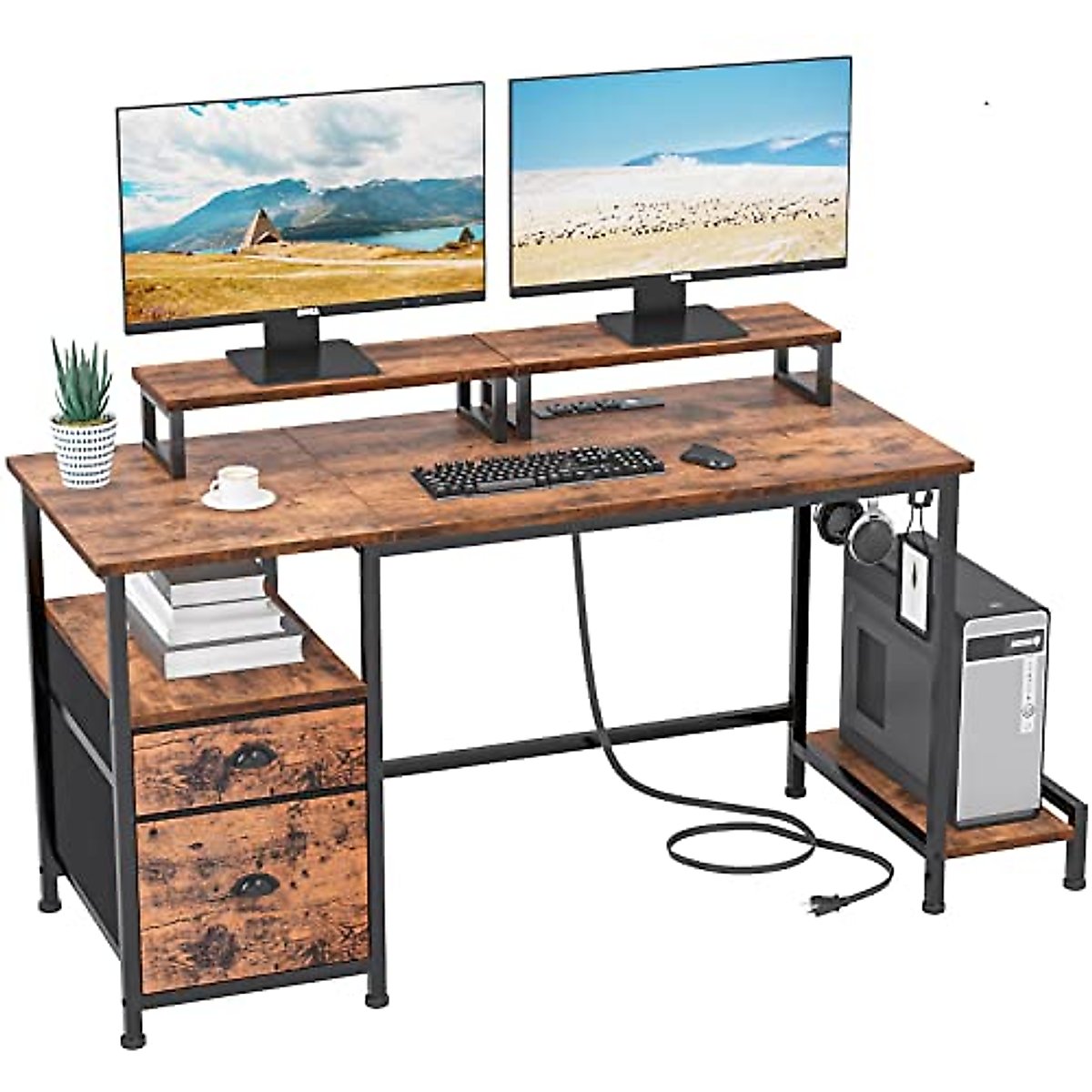 Furologee Computer Desk with Drawer and Power Outlets, 47" Office Desk with 2 Monitor Stands and Fabric File Cabinet, Writing Gaming Table with Shelves and 2 Hooks for Home Office, Rustic Brown