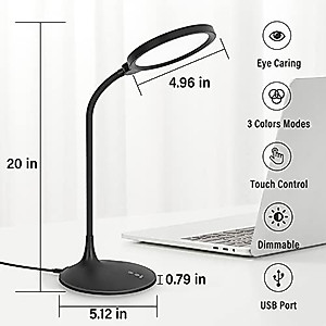 LED Desk Lamp for Home Office, Eye-Caring Table Lamp, 3 Color Modes with 10 Brightness Levels, Dimmable Lamp with Adapter, Touch-Sensitive Control, 360°Adjustable Gooseneck, 3500-5500K 10W. (Black)