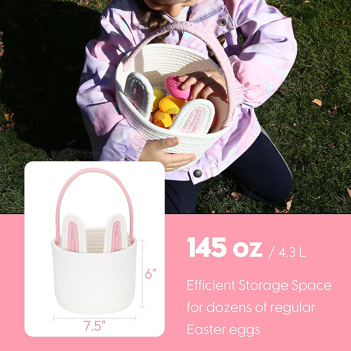 Sea Team Easter Bunny Basket for Eggs Hunt, Easter Eggs Bucket, Small Woven Cotton Rope Tote Bag with Rabbit Ears & Fluffy Tail for Kids, Easter Days Decoration, Party, Holidays, Pink