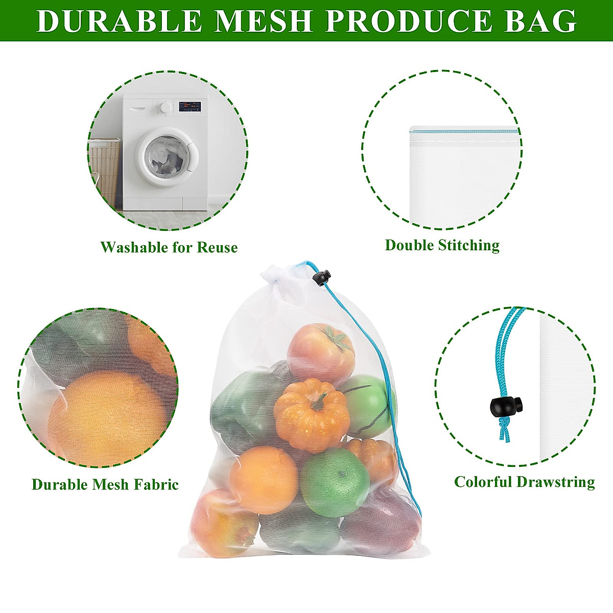 JSVSLTD Set of 12 Reusable Mesh Produce Bags - Washable Produce Bags - 12 Green Medium (12"x14") See-through Mesh Produce Bags for Storage Fruit, Vegetable, Toy