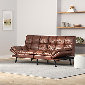 Maxspeed Sofa Bed, Convertible Memory Foam Sofa, Modern Loveseat Sleeper with Adjustable Armrests and Backrest, Faux Leather Futon for Living Room, Office, Small Space, Brown