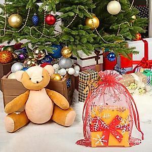 HRX Package 100pcs Snowflake Organza Bags Christmas 4x6 inch, Red Drawstring Mesh Gift Pouches for Jewelry Candy Party Favor