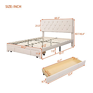 Prohon Queen Size Platform Bed Velvet Upholstered Bed Frame with Drawer, No Box Spring Needed, Bed Frame for Kids, Teen, Adults