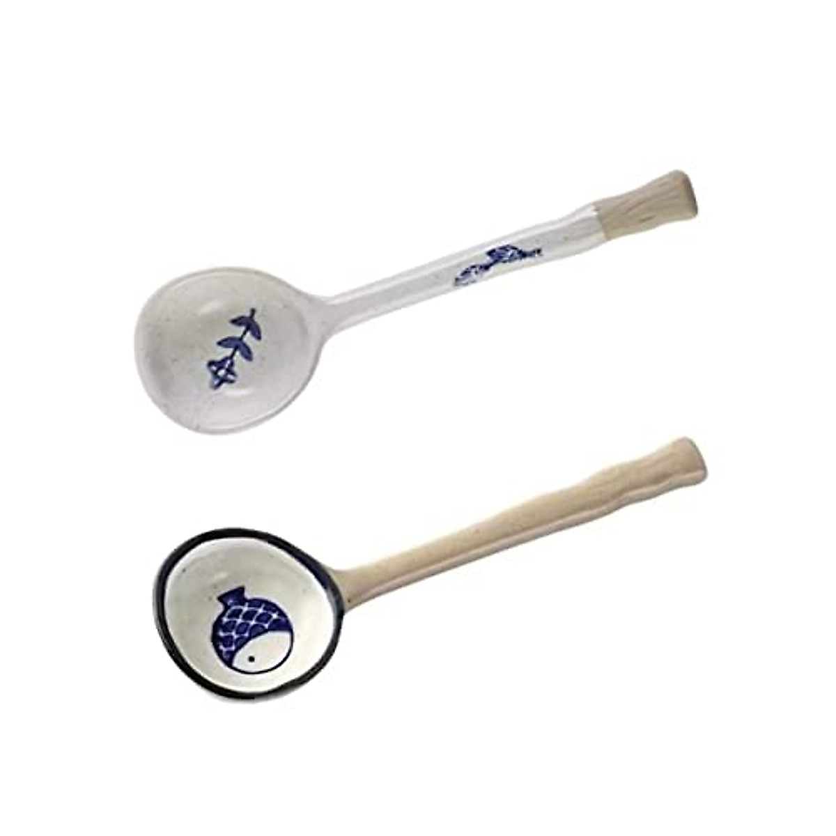 YUURAIN VUVU Japanese Large Spoon, Handmade Long Handle Asian Spoons, Retro Ceramic Spoons, Ramen Spoons, Pho Spoons, Large Soup Spoons with Cute Hand-Painted Pattern, Hand-Kneaded (2 Pieces) - D