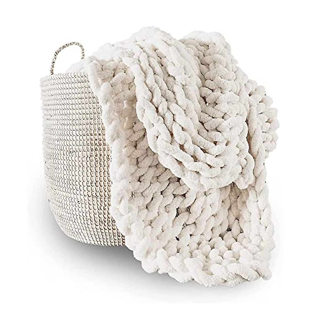 Chunky Knit Throw Blanket Soft Luxury Chenille Yarn Blanket for Farmhouse Boho Decor,Handmade Tight Braided Thick Cable Knit Throw for Bed,Couch,Beige,50x60.