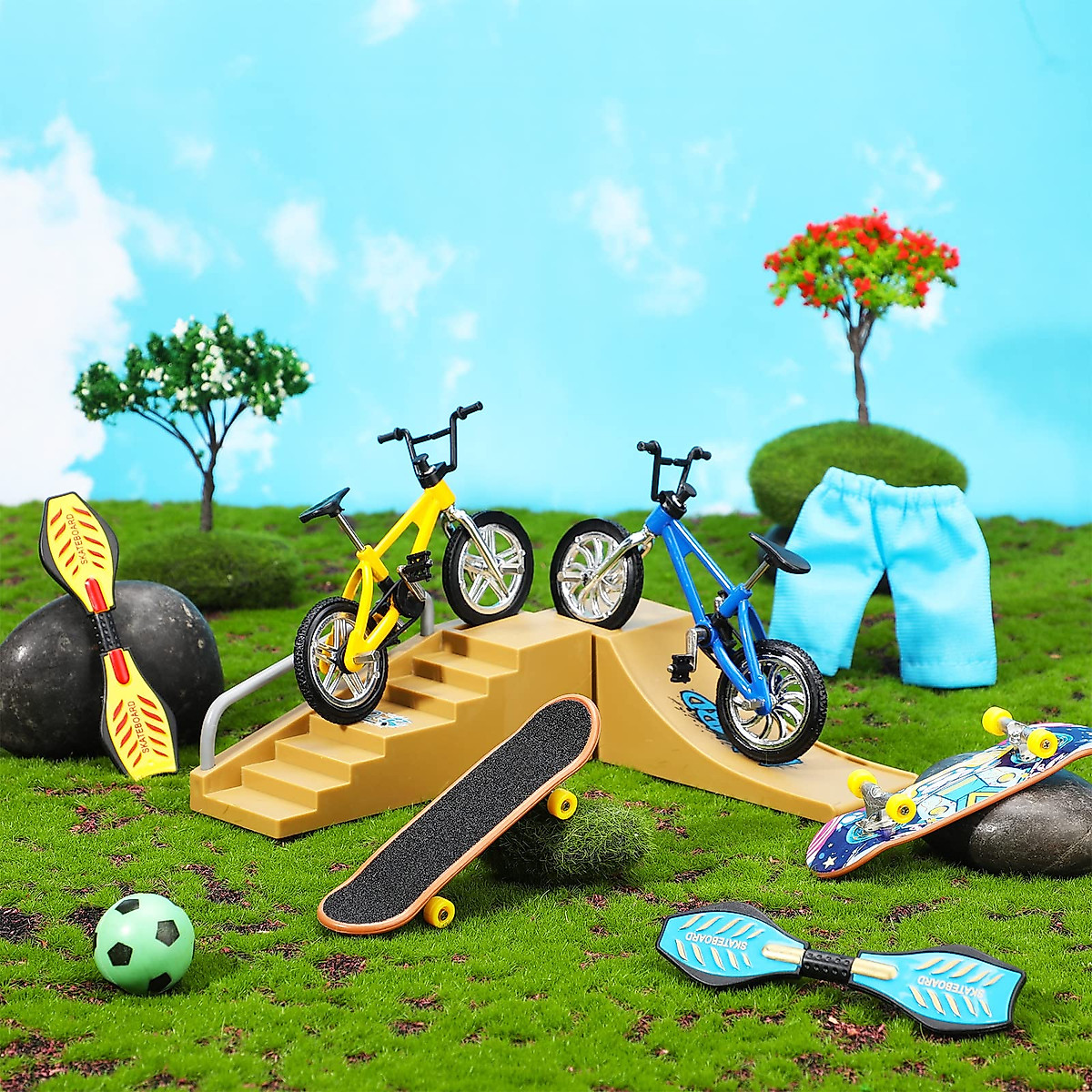 17 Pieces Finger Skateboard Ramp Set Skate Park Kit Ramp Parts Set Mini Finger Toys Set Finger Bike Skate Park Kit with Replacement Wheels and Tools for Kids Party Favor (Classic Color)