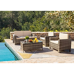 Flamaker 4 Piece Patio Furniture Outdoor Rattan Conversation Sofa Set with Patio Table and Chairs for Porch Backyard Poolside (Grey)