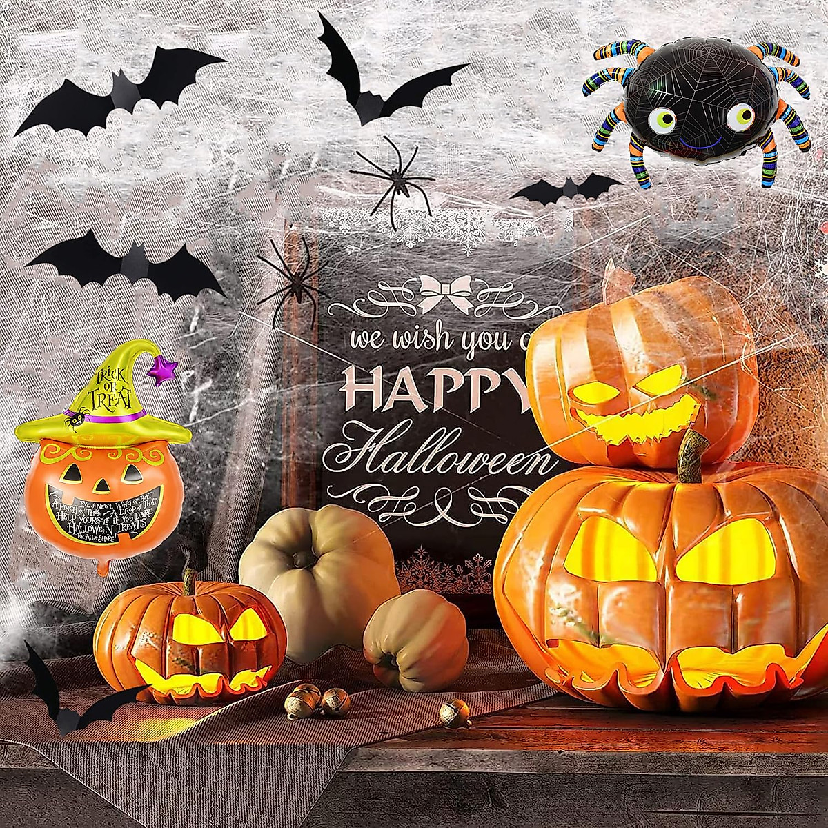 Halloween Party Decorations Happy Halloween Banner Foil Balloon Fringe Curtain Cake Topper Spider Web and 3D Bat, Halloween Party Favors Supplies