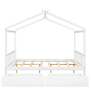 P PURLOVE Full Size House Bed for Kids, Teens,Wood Storage Platform Bed with Drawers, Headboard and Footboard,Playhouse Floor Bed with Roof and Slat, No Box Spring Need