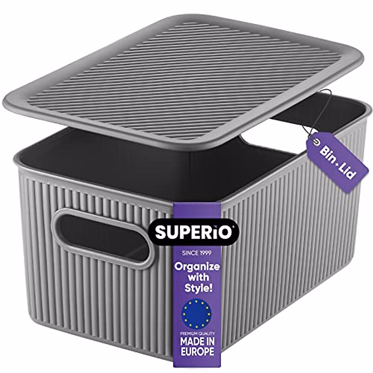 Superio Decorative Plastic Lidded Home Storage Bins Organizer Baskets, Medium Grey (1 Pack - 5 Liter) Stackable Container Box, for Organizing Closet Shelves Drawer Shelf - Ribbed Collection