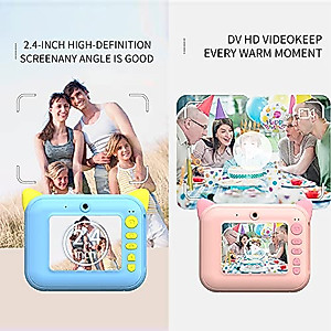 CalmGeek Cute Kids Instant Print Camera 1080P Digital Video Camera Dual Camera Lens 12MP 2.4 Inch LCD Screen Built-in Battery Birthday Festival for Boys Girls
