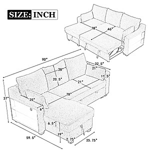 LUMISOL 90" Convertible L Shaped Sofa with Pull Out Bed, Chenille Sectional Sofa Bed with Reversible Chaise, Convertible Sleeper Sofa Couch with USB Ports and Cabinet Armrests, Beige