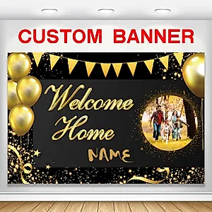 Custom Welcome Home Banner Decoration, Black Gold Welcome Back Home Yard Sign for Outdoor Decor, Military Homecoming Deployment Returning Party Supplies(4x6ft)