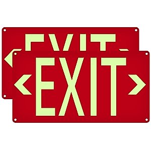 (2 Pack) Photoluminescent Exit Sign Red - with Removable Directional Arrows, With strong self adhesive tape, 14.25 x 7.5 Inches Heavy Duty Aluminum Signs, Fade Resistant
