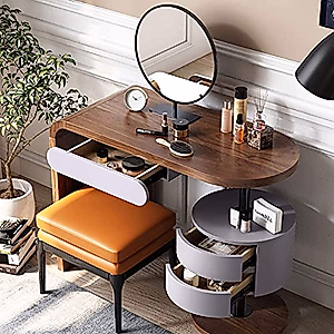 LEONYS Vanity Desk Sets with Mirror and Bench Dressing Table with Cushion Stool for Bedroom, Small Makeup Vanity Set with 2 Organizer Drawers