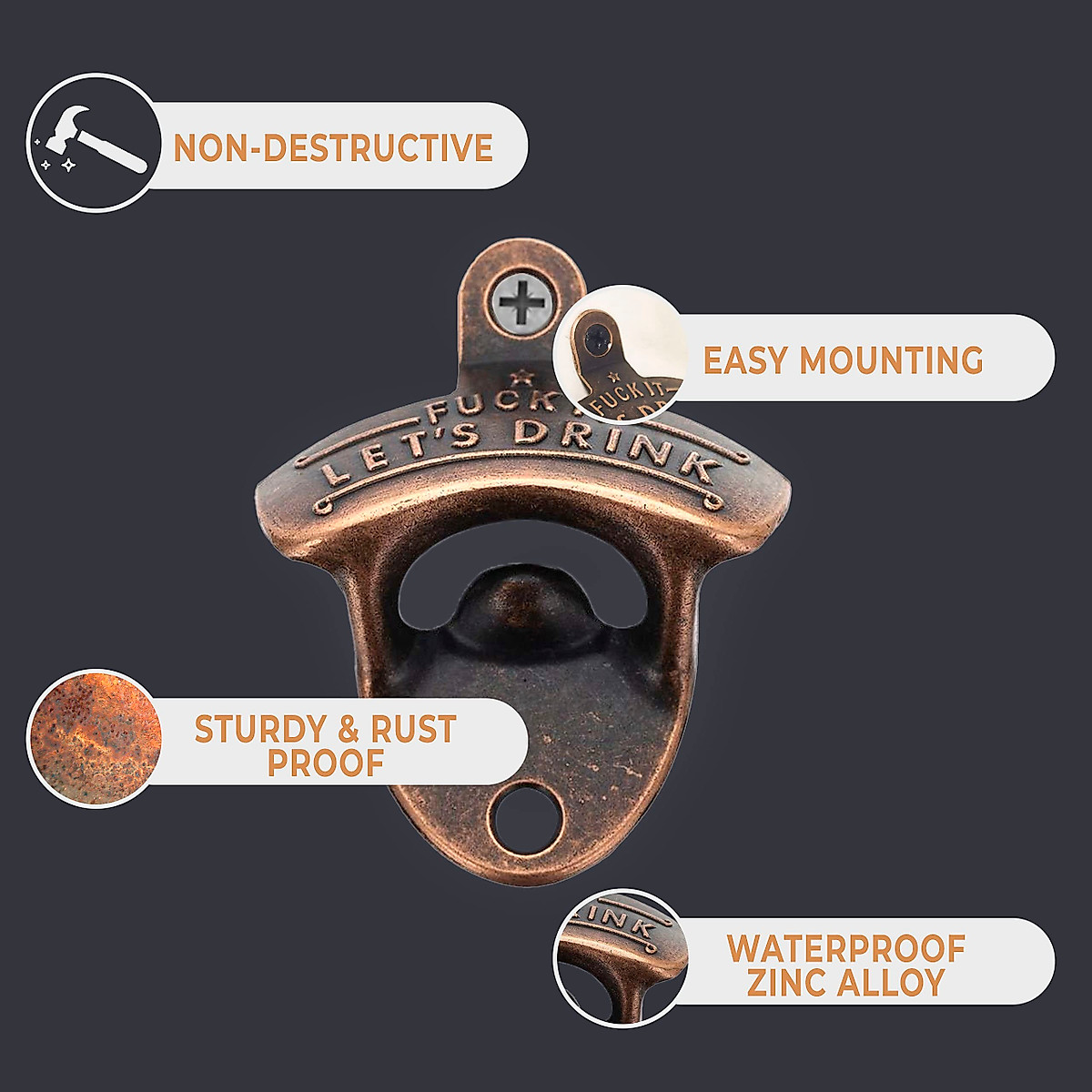 Wall Mounted bottle Opener, Christmas Funny Wall Mount Bottle Opener for Men Father Beer Lovers,Novelty Birthday Fathers Day with Mounting Screws Wall Anchors（1 Pack)