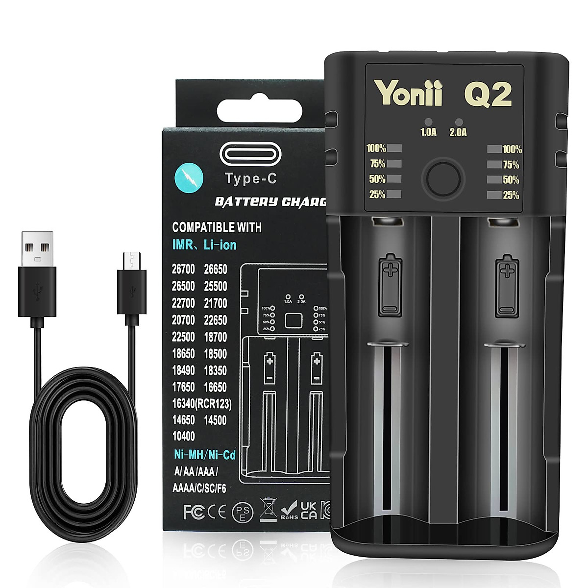 18650 Charger,Smart Universal Charger Fast Charger 2 Bay for Rechargeable Batteries Ni-MH Ni-Cd AA AAA Li-ion IMR 10440 14500 16340 RCR123A 26650 3.6V 3.7v 1.2v Current 1A 2A Optional (No Battery)