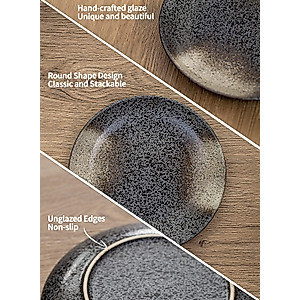 Kanwone Ceramic Dessert Salad Plates - Set of 6, 8 Inch, Kitchen Round Plates for Dessert, Salad, Snacks, Appetizers, Steak, Microwave, Oven and Dishwasher Safe, Black Glazed