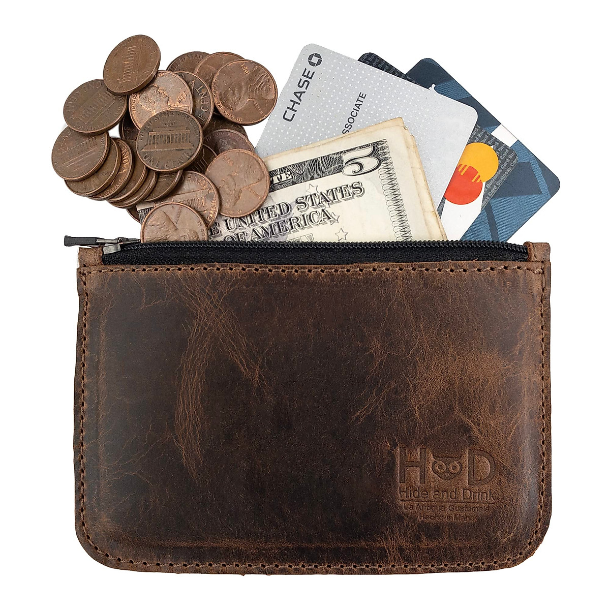 Hide & Drink, Zippered Wallet, Card Case, Folded Bills Storage, Coin Organizer, Travel Accessories, Full Grain Leather, Handmade, Bourbon Brown