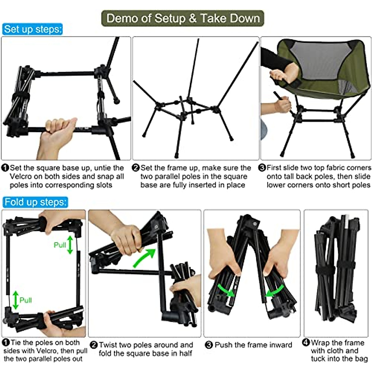 MARCHWAY Ultralight Folding Camping Chair, Heavy Duty Portable Compact for Outdoor Camp, Travel, Beach, Picnic, Festival, Hiking, Lightweight Backpacking (Green)