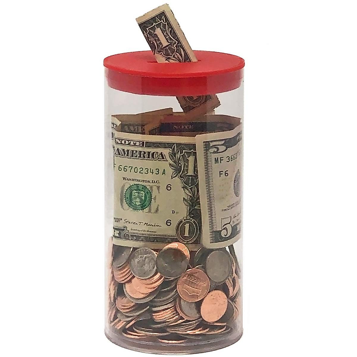 Prestige Import Group - 3" x 6.25" Transparent Clear Plastic (PETG) Charity Donation Fundraising Tip Jar with Red Coin Slot Lid - 4 Pack