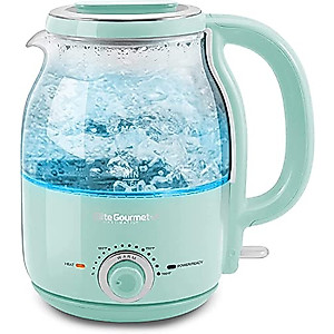 Elite Gourmet EKT1220M 1.2L Electric BPA-Free Glass Kettle, Temperature Dial, Keep Warm Function, Cordless 360° Base, Blue LED Interior, Auto Shut-Off Function – Quick Boil, Mint