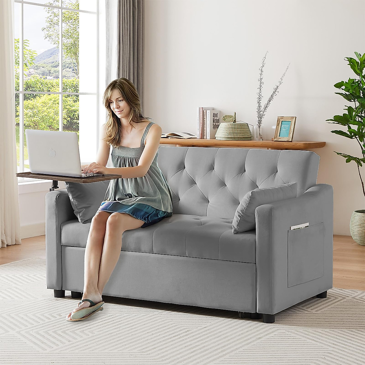 Antetek 3 in 1 Convertible Sofa Bed w/360° Rotating Side Table, 53" Modern Velvet Loveseat Sofa, Sleeper Pullout Bed w/Adjustable Backrest for Living Room Apartment, Office, Small Space, Grey