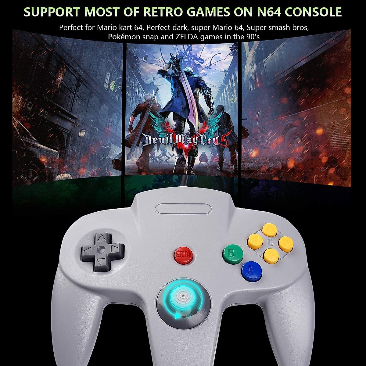 MODESLAB USB N64 Controller,Retro Classic Wired 64 Bit Remote Gamepad Joystick for Windows PC Linux Mac Raspberry Pi 3 - Gray