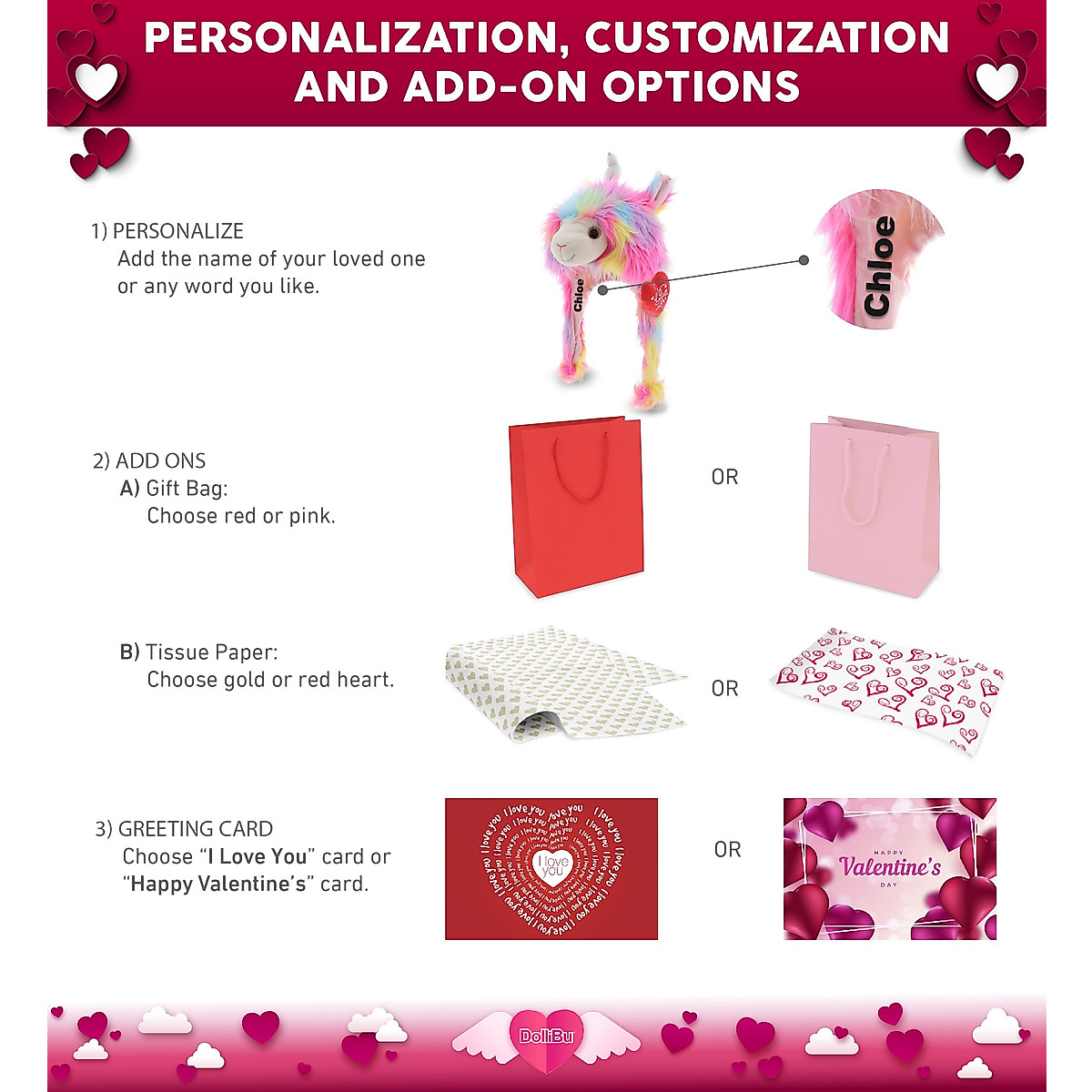 DolliBu I Love You Valentine Plush Rainbow Llamacorn Hat - Cute Stuffed Animal with Red Heart and Name Personalization Gift