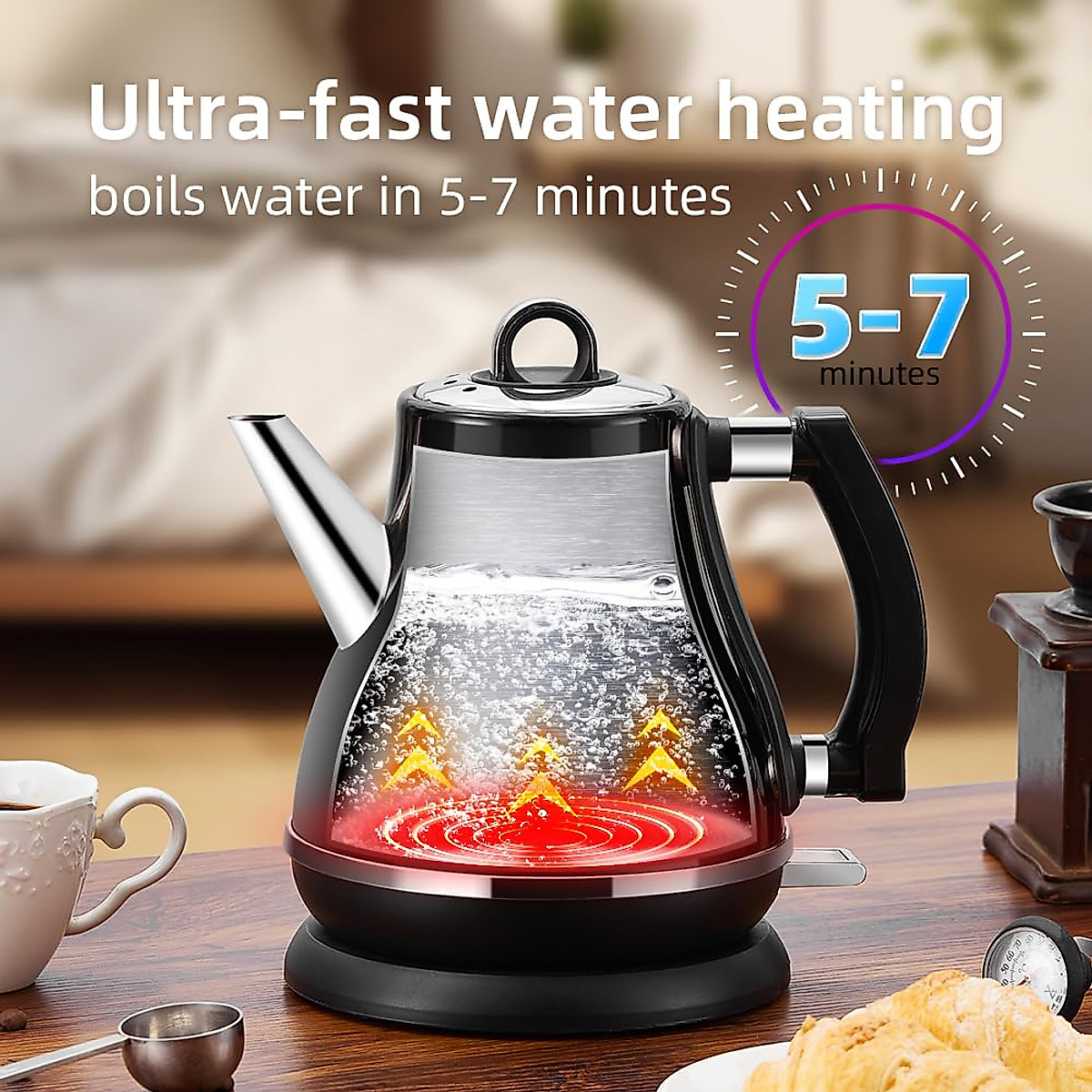 Electric Kettle, 1.2 Liter 1000W Small Hot water Kettle Electric with 100% 304 Stainless Steel Auto-shut off and Boil Dry Protection and fast-heating Electric Tea Coffee Kettle Black Color