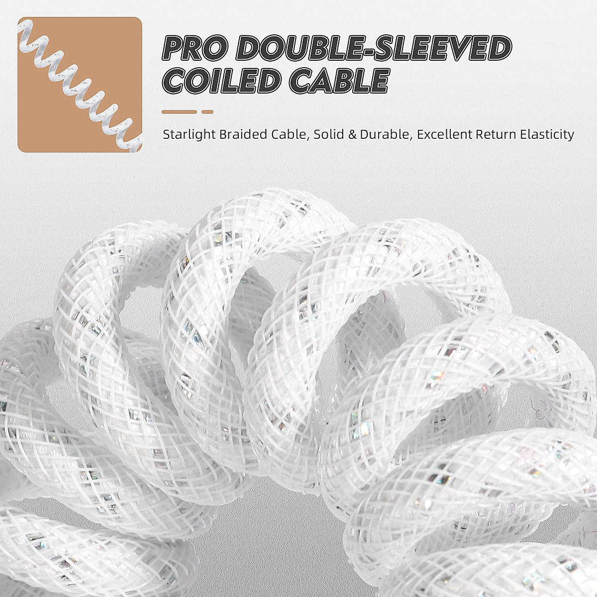 ATTACK SHARK Custom Coiled USB C to A Cable for Gaming Keyboard,Double-Sleeved Starlight Braided Cable with Detachable Metal Aviator 24K Gold Connector 1.7M-2.2M for Phone/PS4/Android/Xbox-White