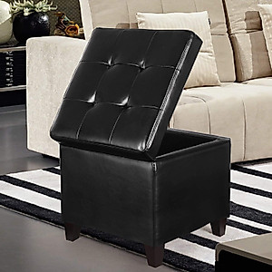 Adeco Bonded Leather Square Tufted Cubic Cube Footstool, 18" Height Storage Ottomans, With Lid, Black