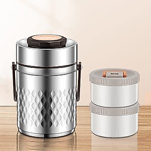 Insulated Food Jar, Vacuum 316 Stainless Steel Soup Thermos with Lunch Bag for Adults - 2 Tier 24 Hours of Long-term Thermal Insulation Food Bento Lunch Box with Portable Handle (Color : Silver)