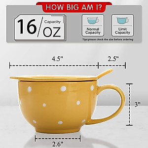 Youeon Set of 2 Jumbo Coffee and Soup Mug Set, 16 Oz Porcelain Oatmeal Mug with Lid and Spoon, Large Cereal Mugs, Multi Purpose Wide Mug for Breakfast, Cereal, Milk, Coffee, Hot Cocoa, Fruit