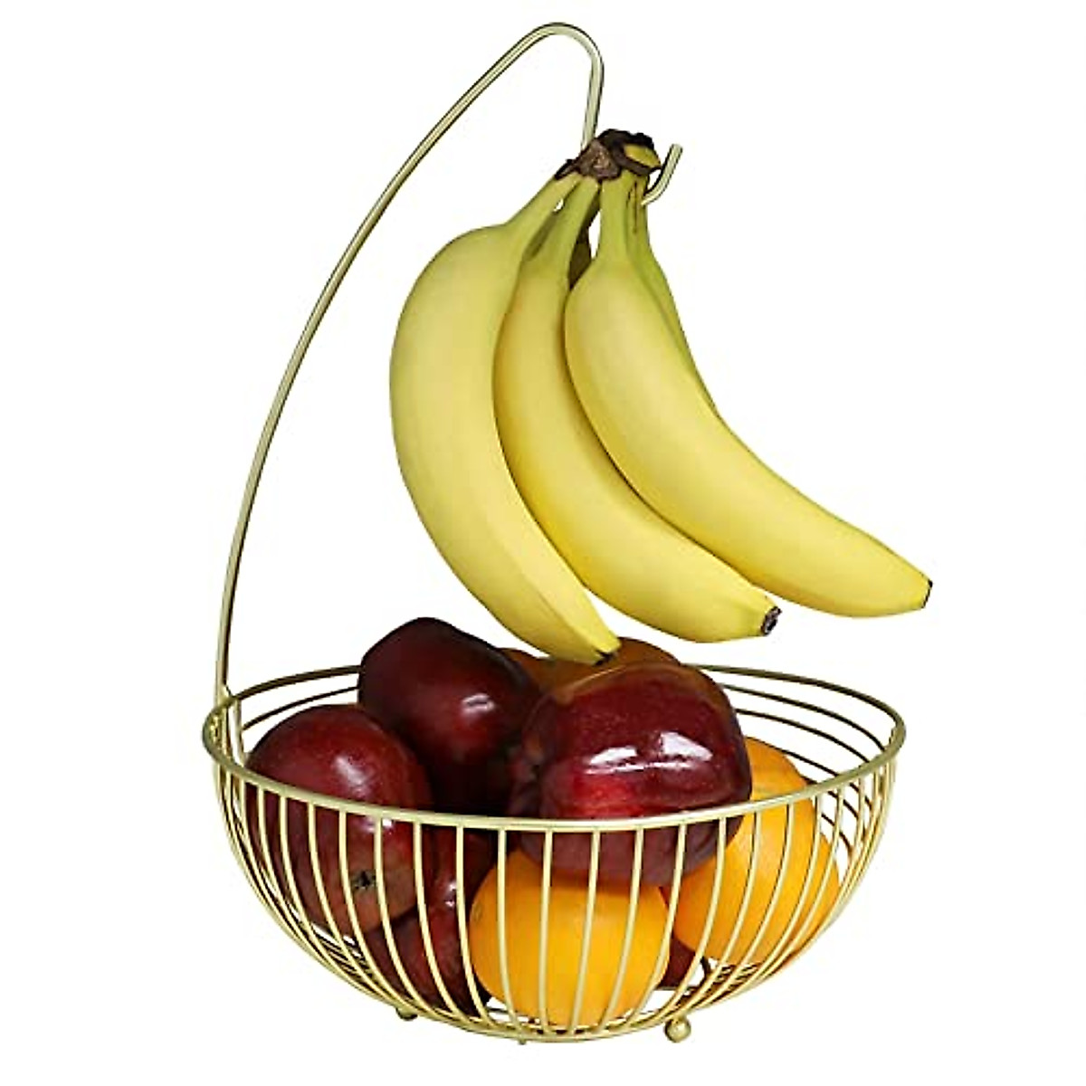 Linen Store Fruit Bowl, Wire Basket with Banana Holder Hook Kitchen Counter Top Organizer Perfect for Storing Fruits, Veggies, Pastries Sturdy Steel - Gold