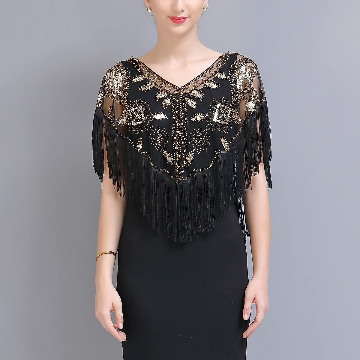 vimate 1920 Shawl Wraps for Evening Dresses, Flapper Retro Fringe Shawl for Women Gatsby （Style 1-Black & Gold