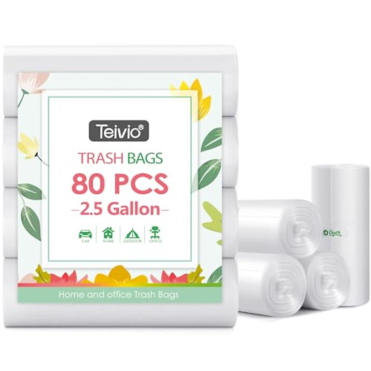 2.5 Gallon Strong Trash Bags Garbage Bags by Teivio, Bathroom Trash Can Bin Liners, Small Plastic Bags for Home Office Kitchen, Clear, (80 Counts)