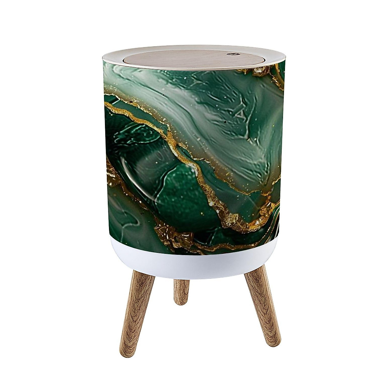 PHAIBHKERP Trash Can with Lid Abstract Luxury Marble Art marbling Texture Green Gold 3D Garbage Can Round Waste Bin Press Cover Dog Proof Wastebasket for Kitchen Bathroom Living Room Nursery 1.8gal