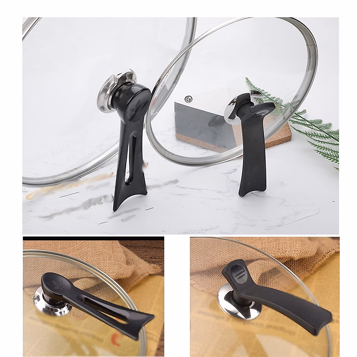 MroMax Universal Pot Lid Cover Knob Stand, Pot Lid Handle Replacement Knob for Kitchen Cookware, Black Large with Three Lines Pattern 2Pcs