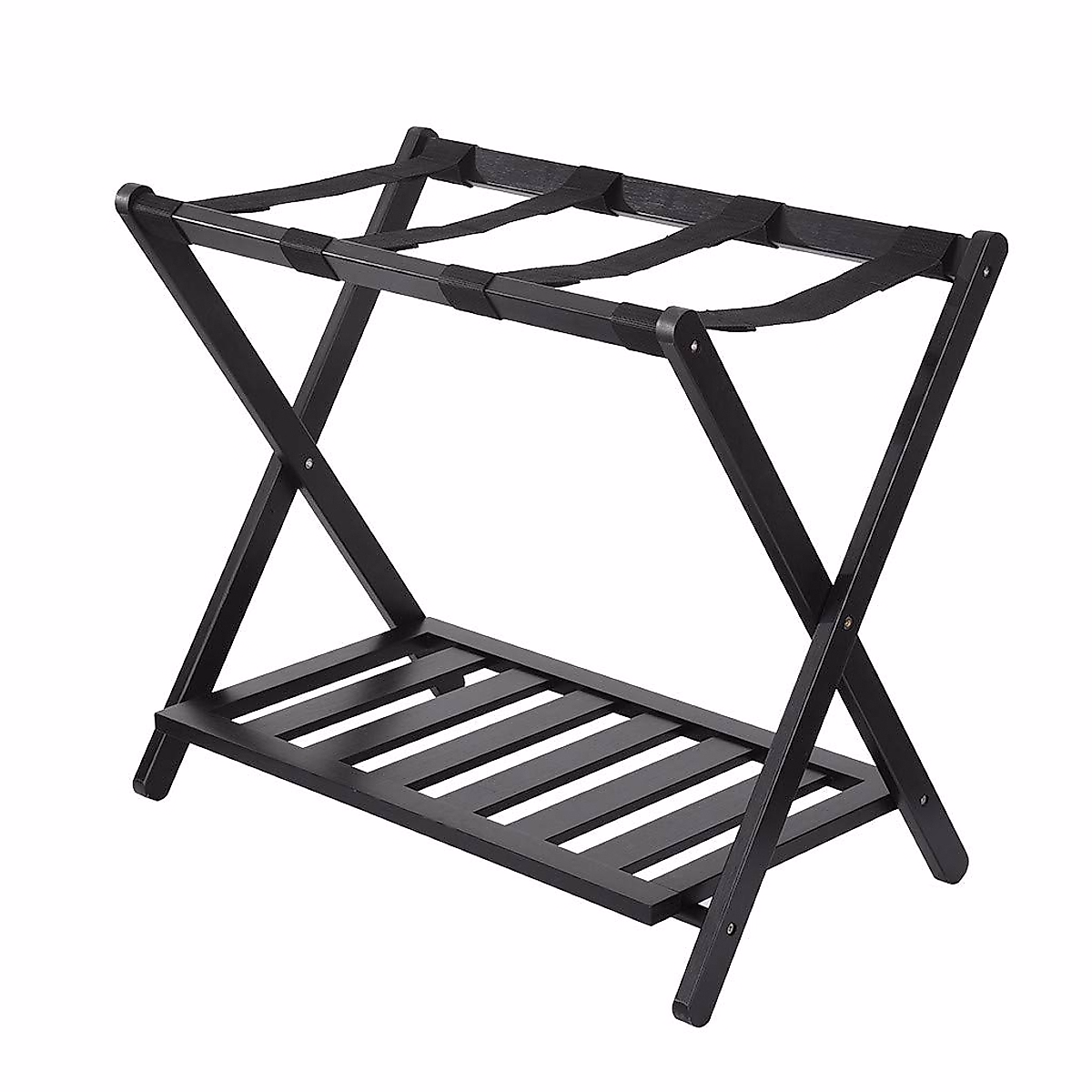FiveShops Luggage Rack with Shelf, Folding Bamboo Suitcase Luggage Stand, Double Tiers Luggage Holder with Shoe Shelf, Casual Organization Storage Chests for Bedroom, Guest Room, Hotel, Black