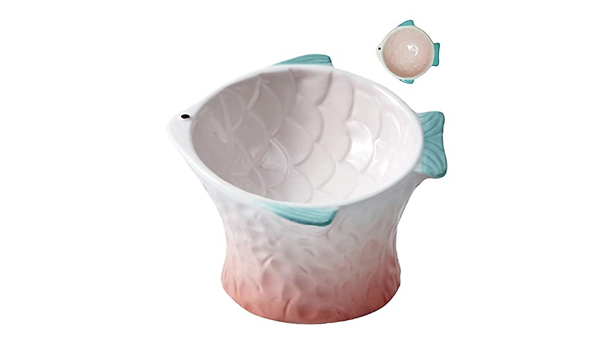 Raised Tilted Ceramic Cat Food Bowl - Cute Pink Fish Shape Elevated ...