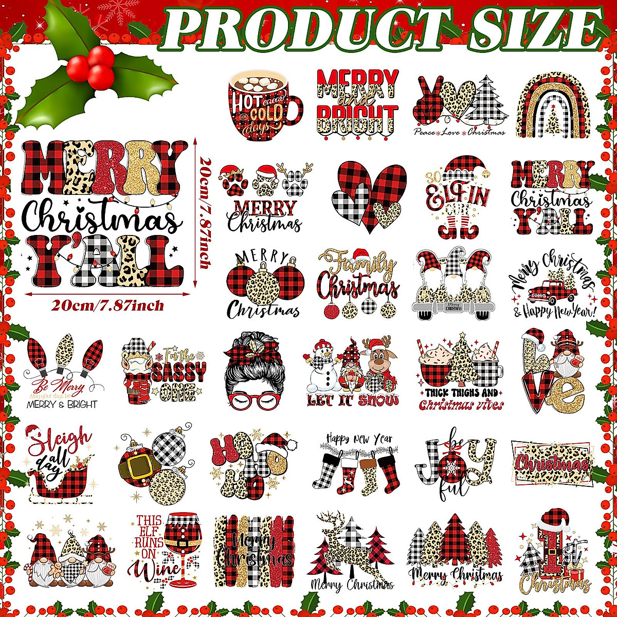 Perthlin 30 Pcs Christmas Iron on Transfers Xmas Iron on Decals Patches Appliques Heat Transfers Vinyl Cute Christmas Decals for Clothes Bag Pillow Covers DIY Decorations (Plaid Style)