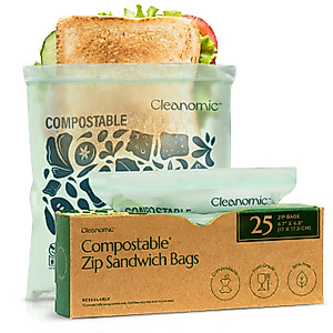 Cleanomic Compostable* Sandwich Size Food Storage Bags (25 Eco Zip) Freezer and Leak Proof, Also Available Gallon, Quart and Snack Size Bags