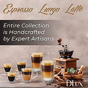 DLux Coffee Mugs, 5.4oz Latte Clear Glass Set of 2 Cups, Lungo Double Wall Insulated Borosilicate Glassware Cup - Wine, Tea Glasses